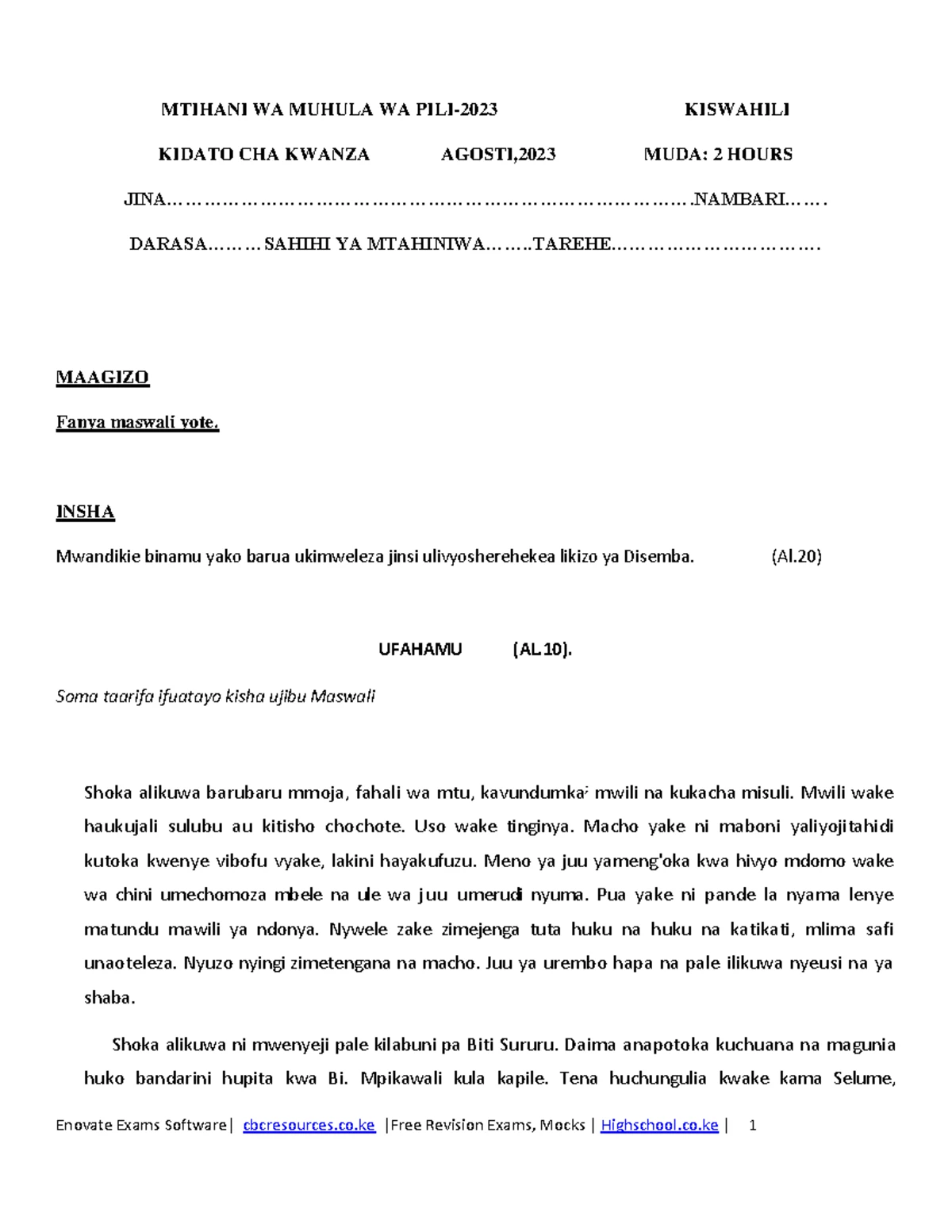 MOCK Kiswahili P3 QS 2024 - 102/3 - KISWAHILI – Karatasi ya 3 THE SUCCESS PATH MOCK EXAMINATIONS ...