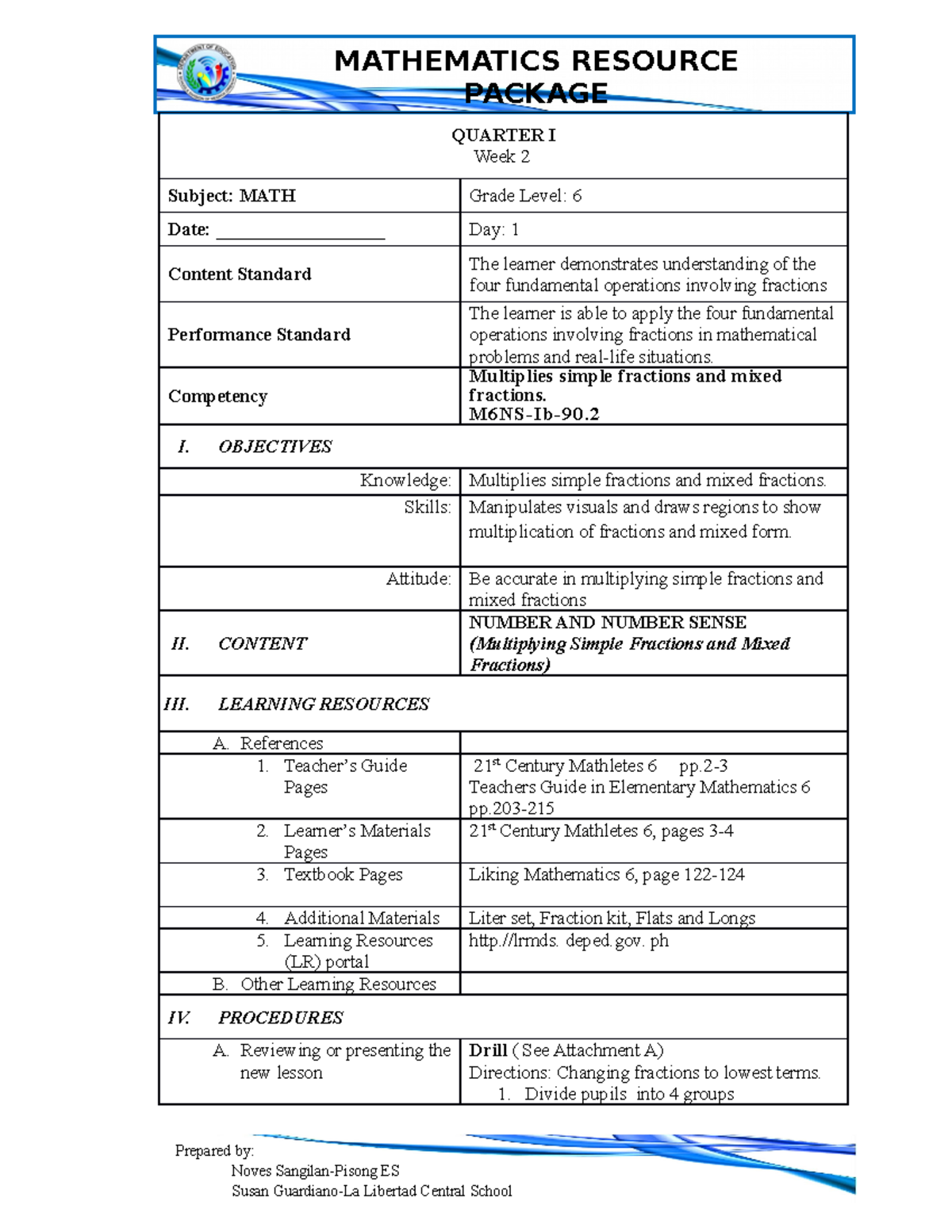 DLP Math 6 Q1 WEEK2 DAY1 - Lesson Plan - PACKAGE QUARTER I Week 2 ...