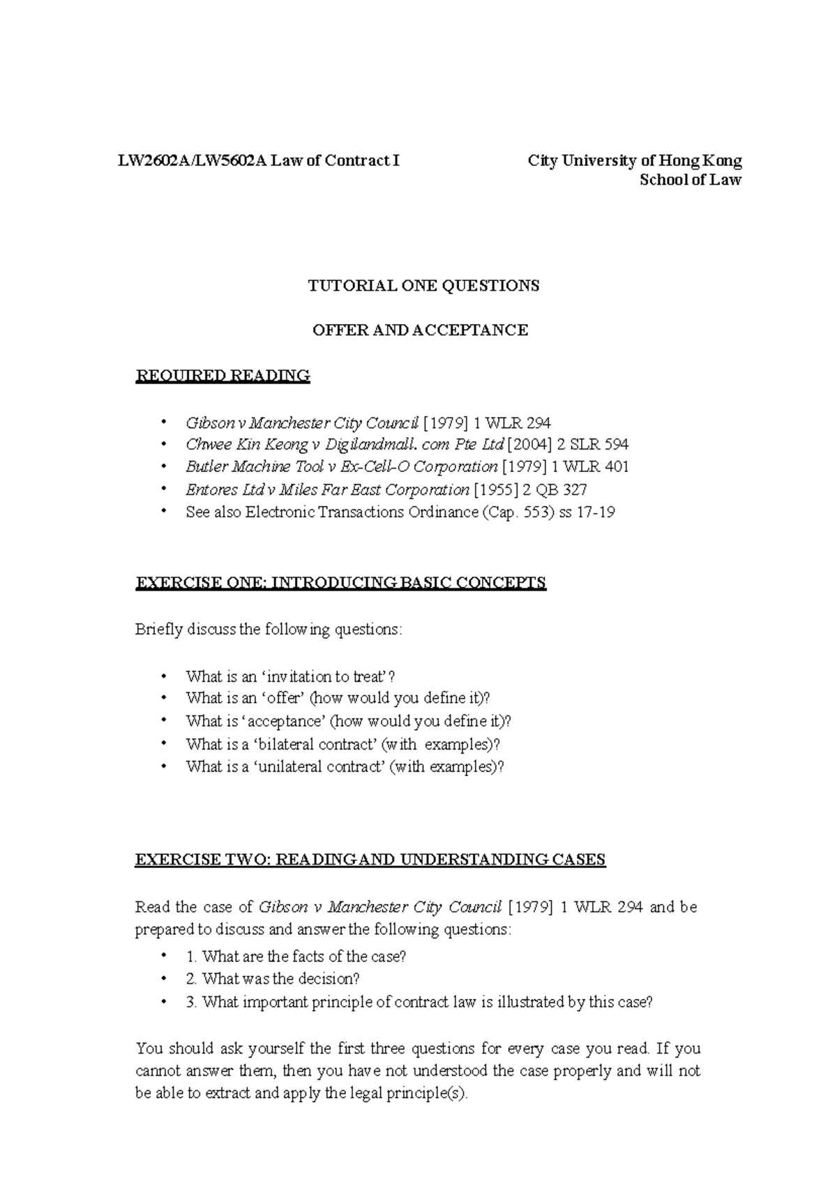 Law of Contract I Tutorial 1: Offer and Acceptance Questions 2025 - Studocu