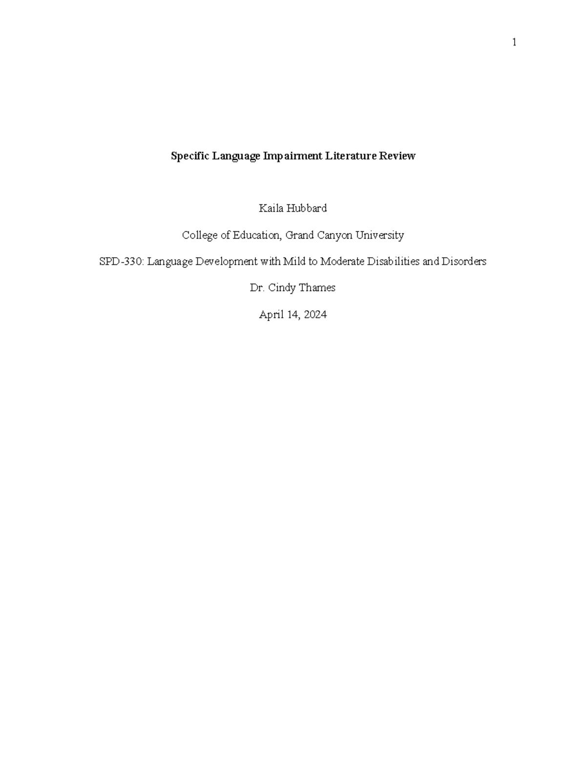 SPD-330 Literature Review on Specific Language Impairment in K-12 - Studocu