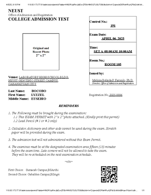 NEUST College Admission Test Exam Permit - Control No. 401 - Studocu
