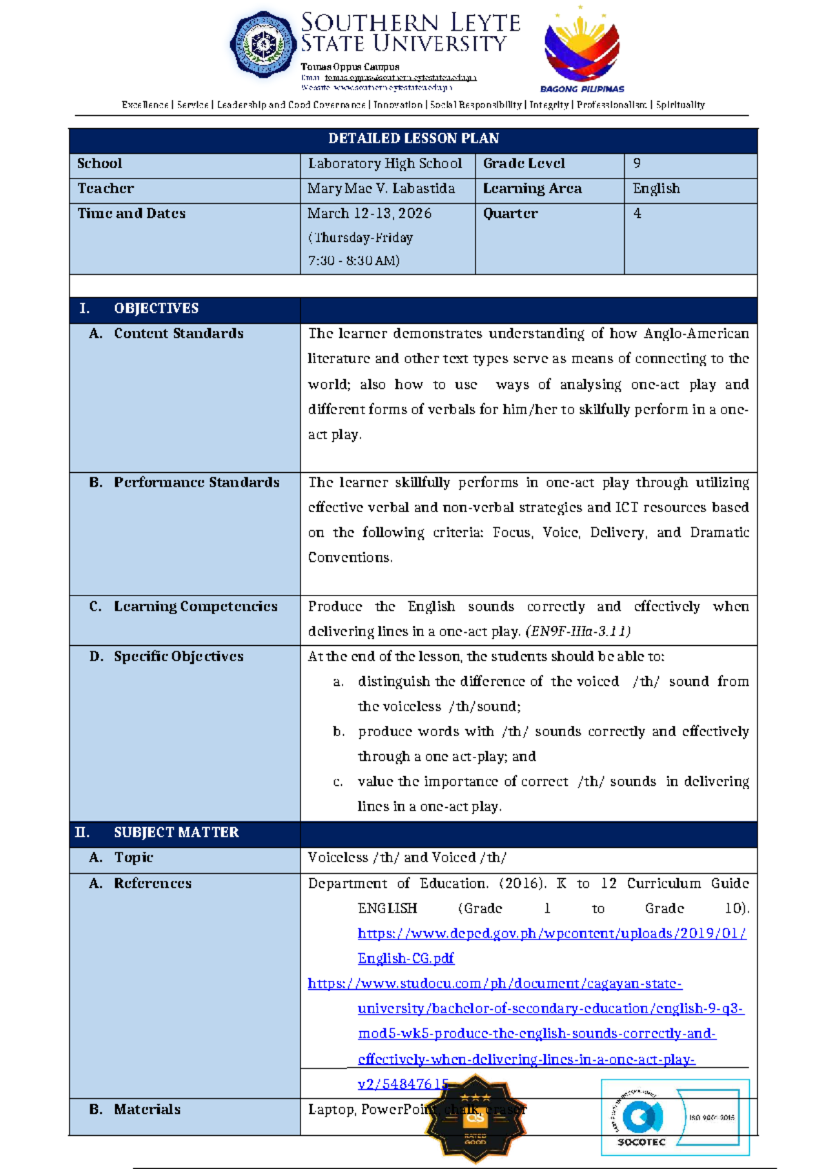 Sample Lesson Plan 1: Voiced and Voiceless Sounds in English (Grade 9 ...