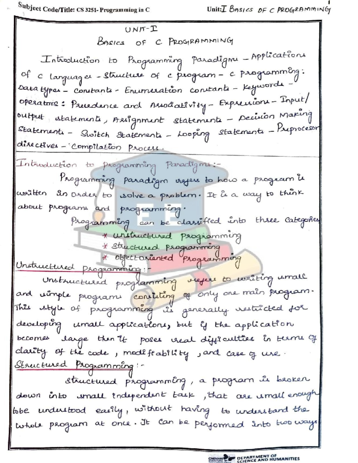 CS3251 Unit I: Basics of C Programming - Comprehensive Overview - Studocu