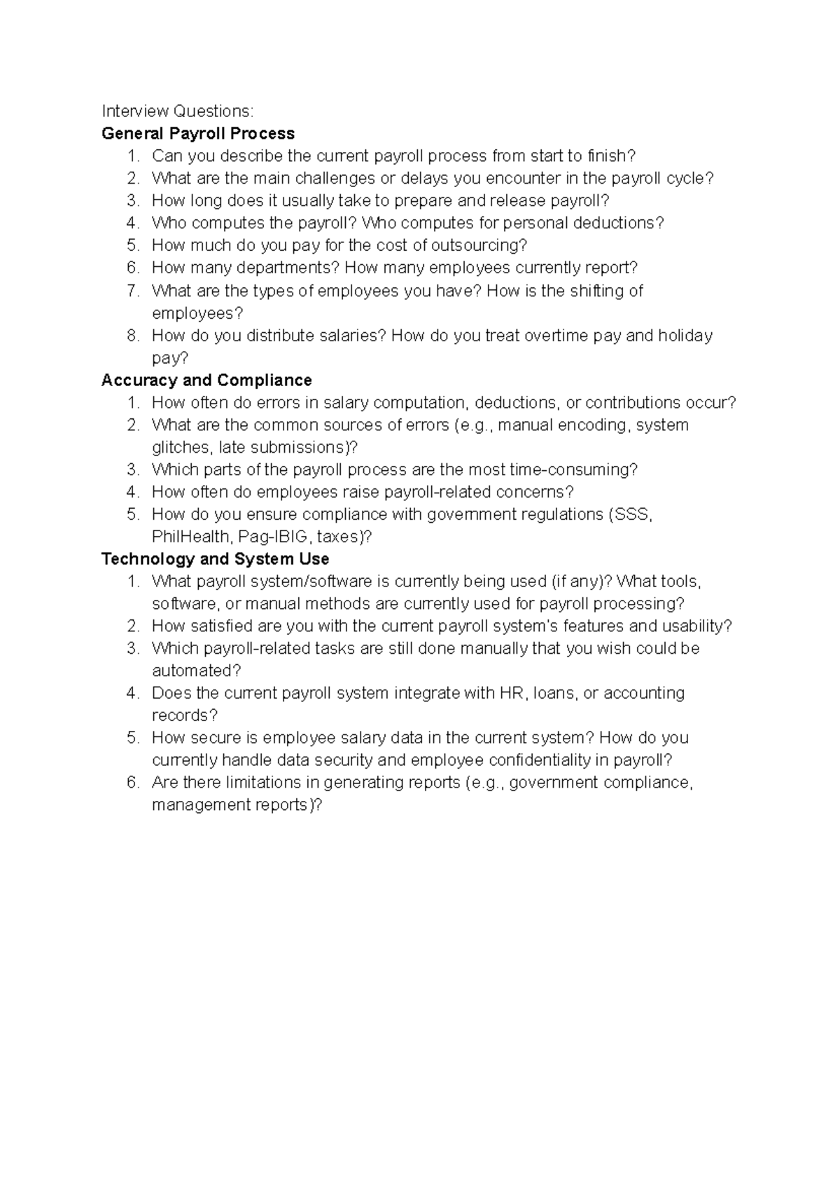 Interview Questionnaire: General Payroll Process Insights - Studocu