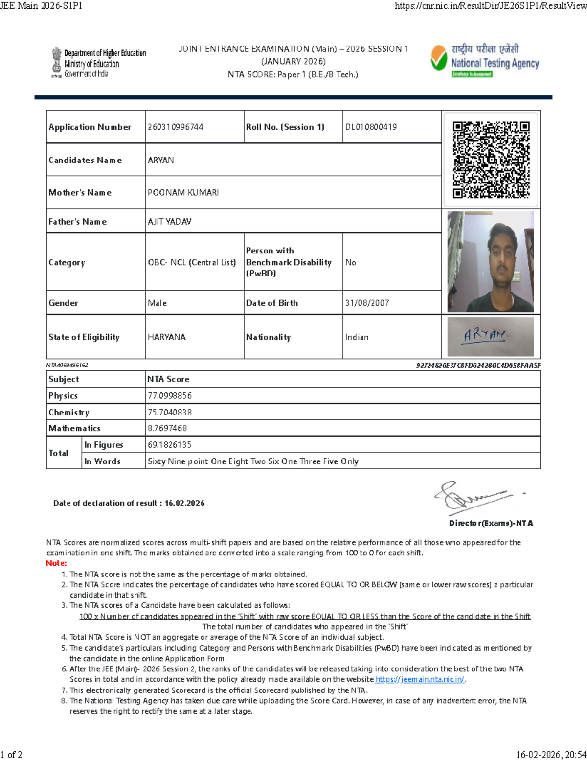 JEE Main 2026 Session 1 Scorecard - NTA Results Analysis - Studocu
