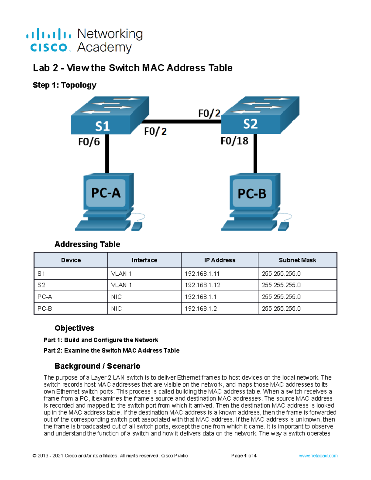 Lab 2 - Exploring the Switch MAC Address Table and Network Setup - Studocu