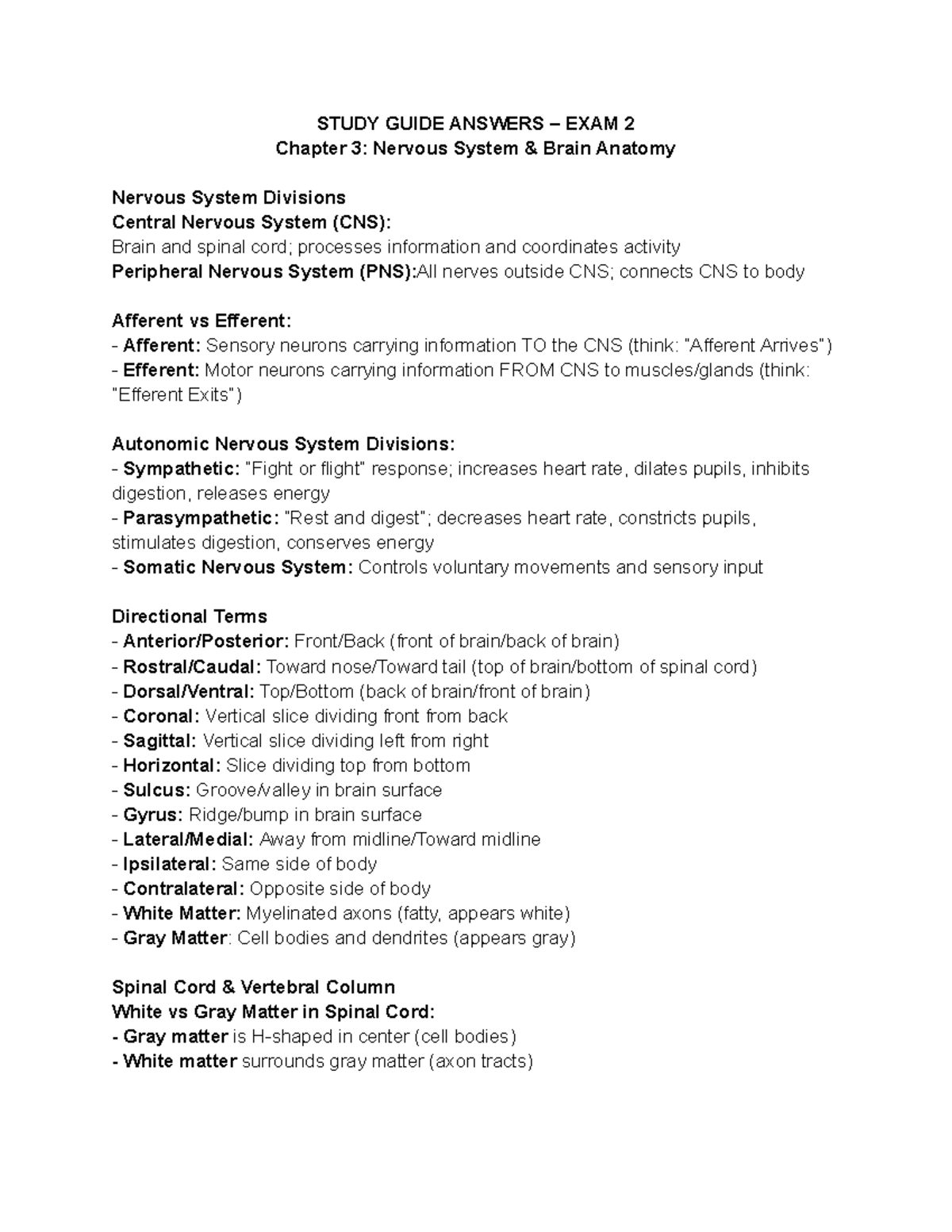 Study Guide for Exam 2: Chapter 3 Nervous System Anatomy & Methods PSYC ...