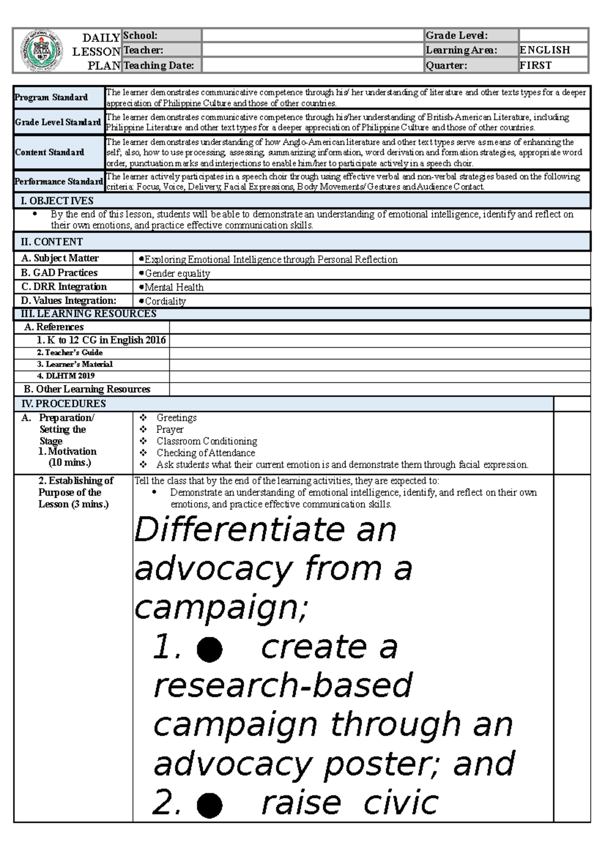 LP Psychosocial - Copy - Plan - DAILY LESSON PLAN School: Grade Level ...