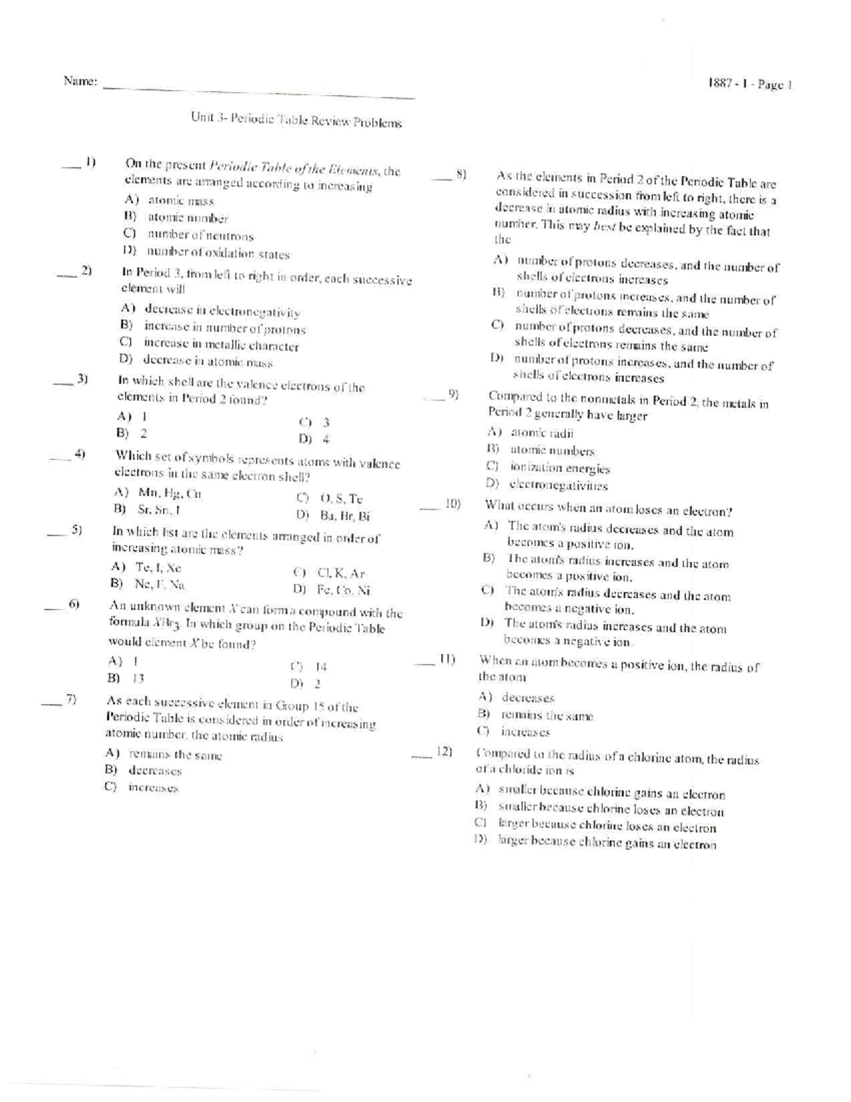 1887 I Periodic Table Review Problems and Answers - Studocu