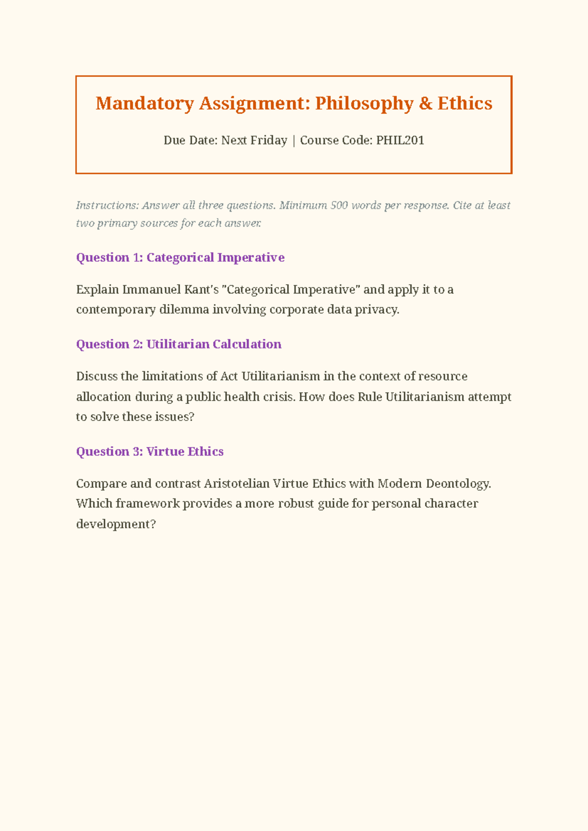 PHIL201 Mandatory Assignment: Ethics Questions & Analysis - Studocu