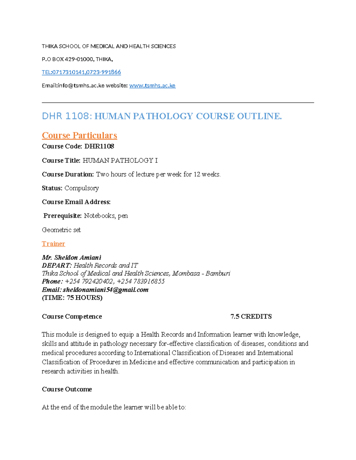 DHR 1108: Human Pathology I Course Outline and Details - Studocu