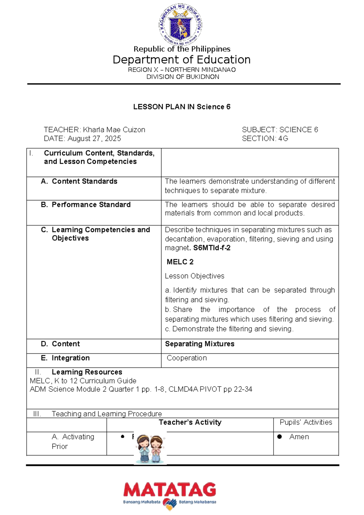 Science 6 Lesson Plan: Techniques for Separating Mixtures - Studocu
