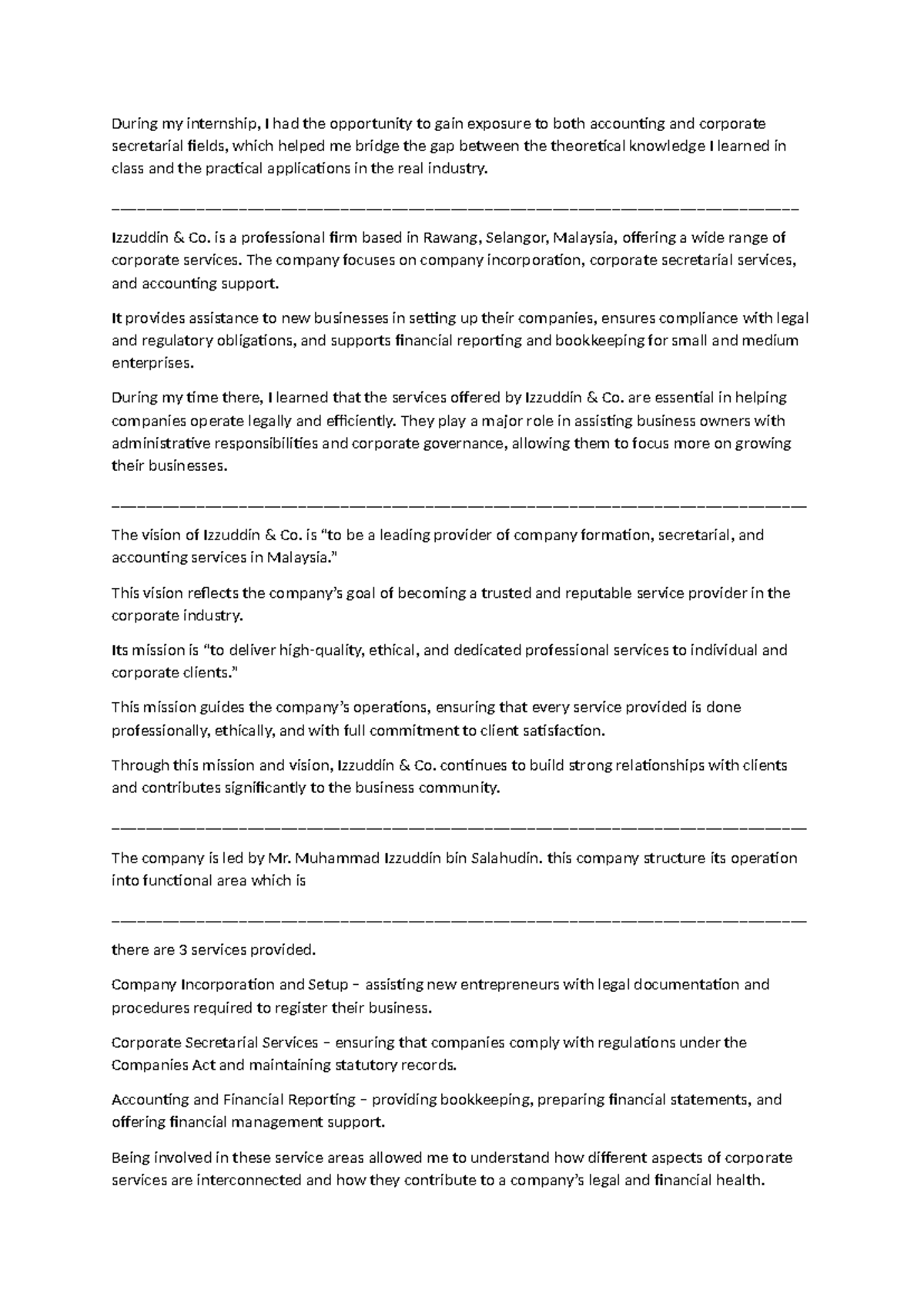 Internship Report: Insights from Izzuddin Co. - ACC 101 - Studocu