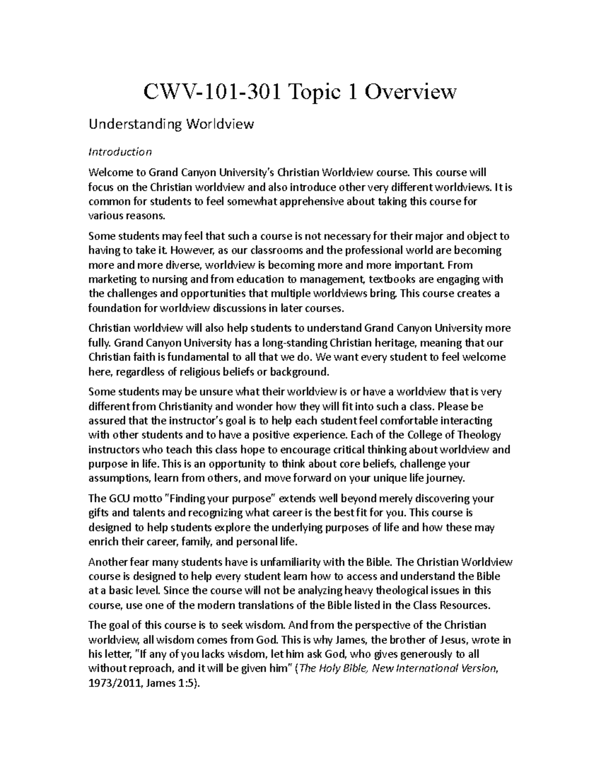 CWV-101-301 Topic 1: Overview of Worldviews in Christian Perspective ...