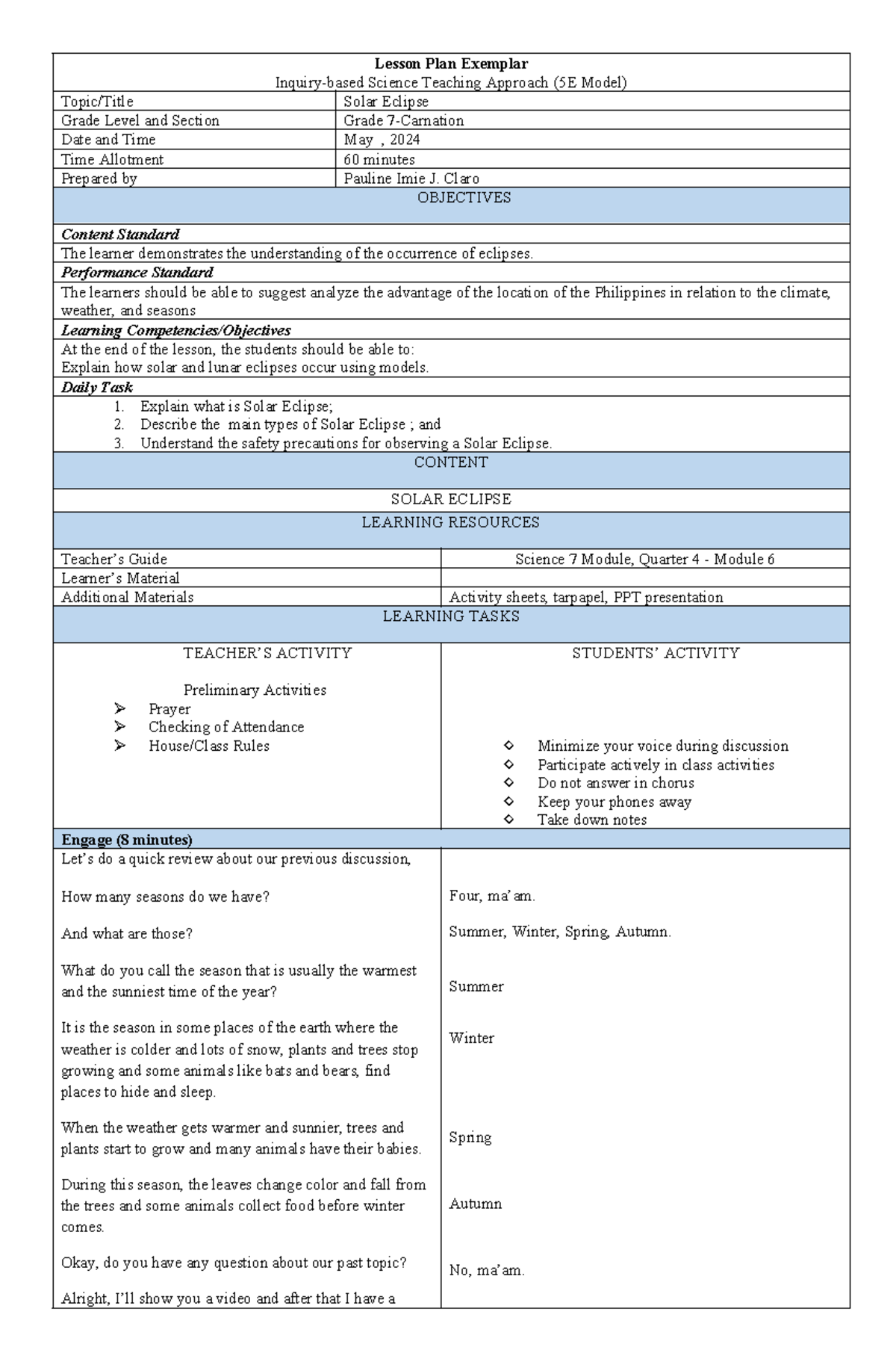 Solar Eclipse Lesson Plan Exemplar (Science 7, Quarter 4) - Studocu