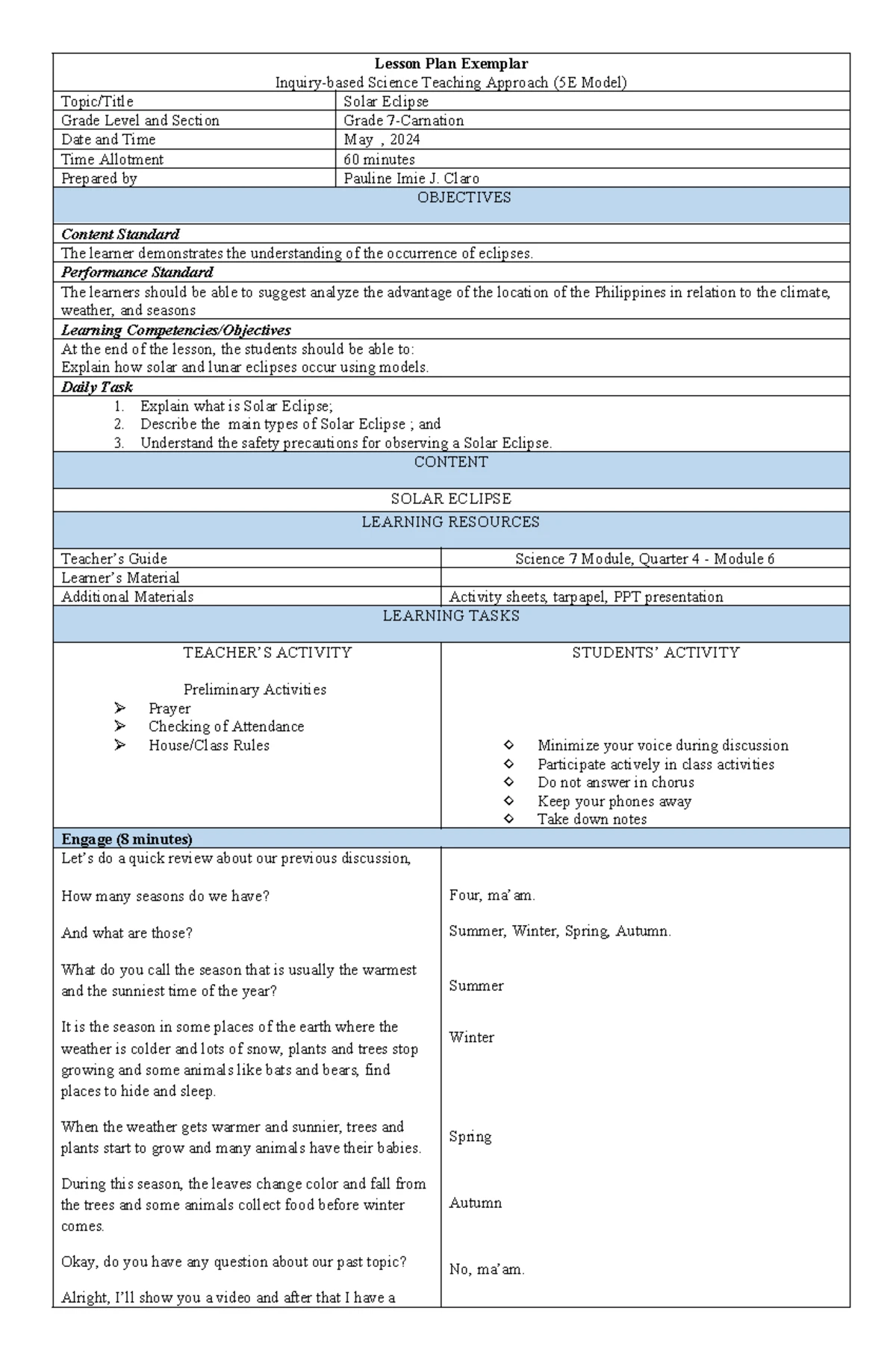 Detailed Lesson Plan on Eclipses - Grade 7 (Quarter 4) - Studocu