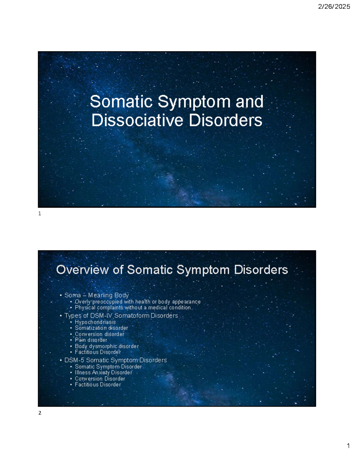 Somatic Symptom & Dissociative Disorders Overview - PSYC250 - Studocu