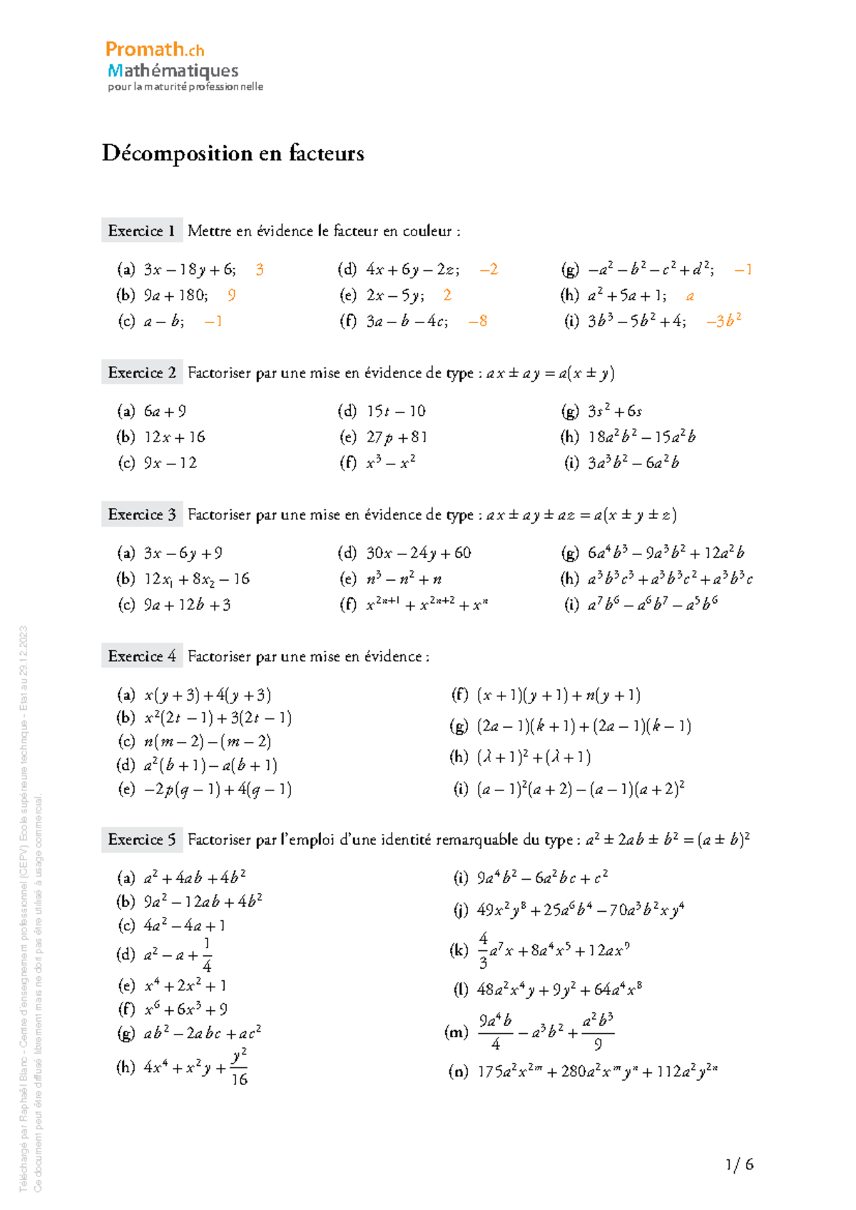 Décomposition en facteurs - Mathématiques Maturité Pro - Exos 1 à 10 ...