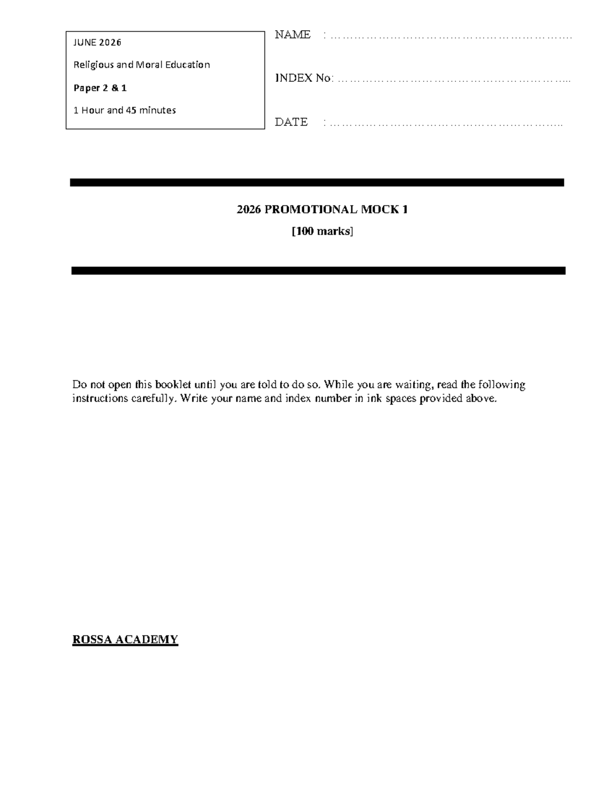 RME 2026: Religious and Moral Education Paper 2 Mock Exam Notes - Studocu