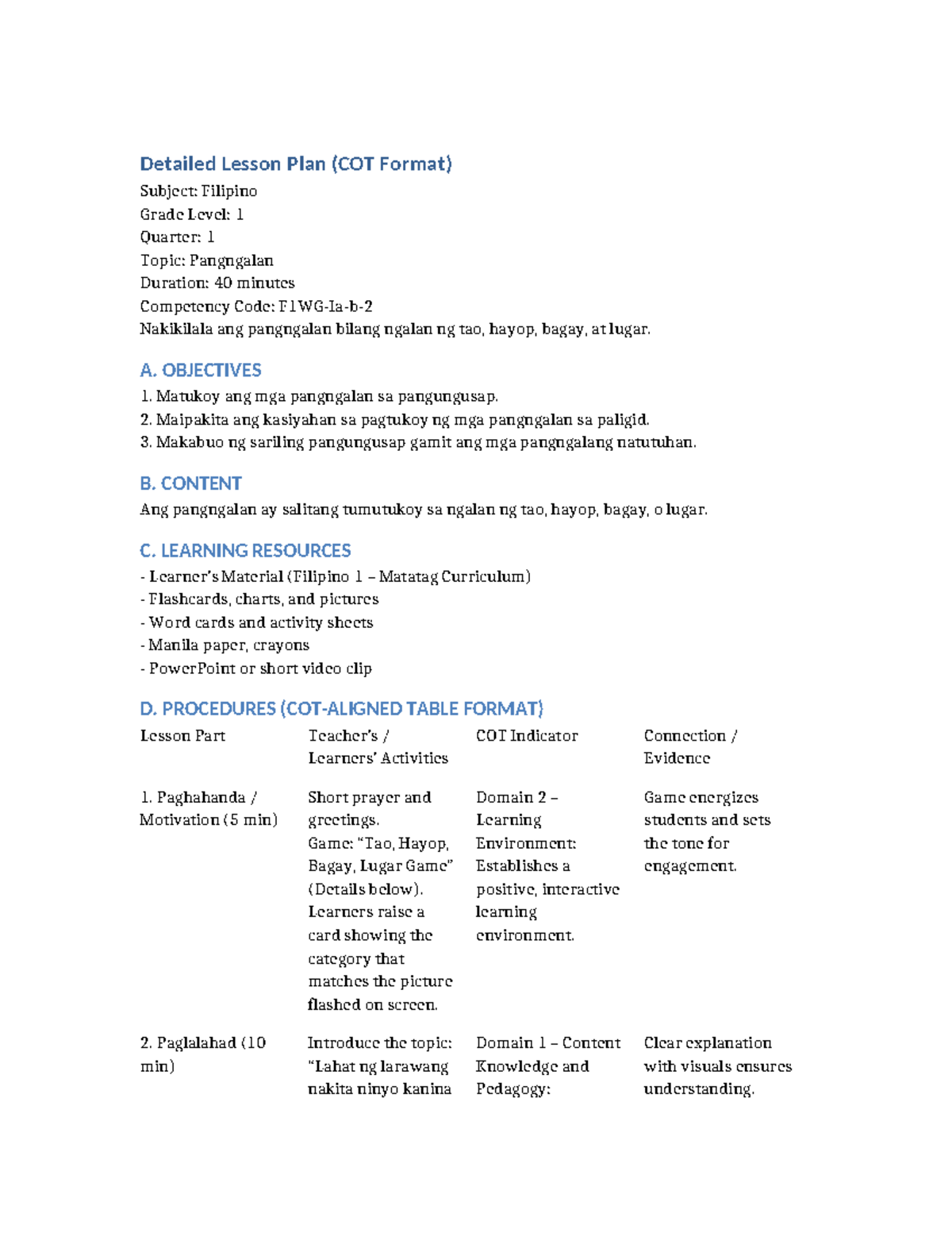 Detailed Lesson Plan on Pangngalan (Filipino 1 - COT) - Studocu
