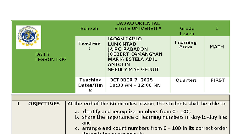 EEd 106 Daily Lesson Log: Counting & Recognizing Numbers 0-100 - Studocu