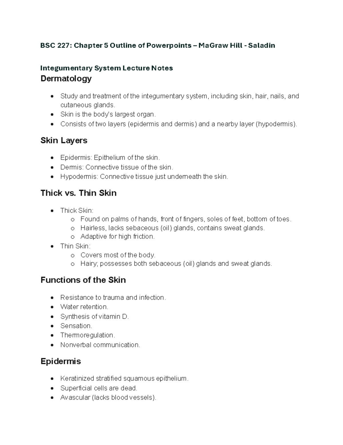 BSC 227: Integumentary System Overview - Lecture Notes - Studocu