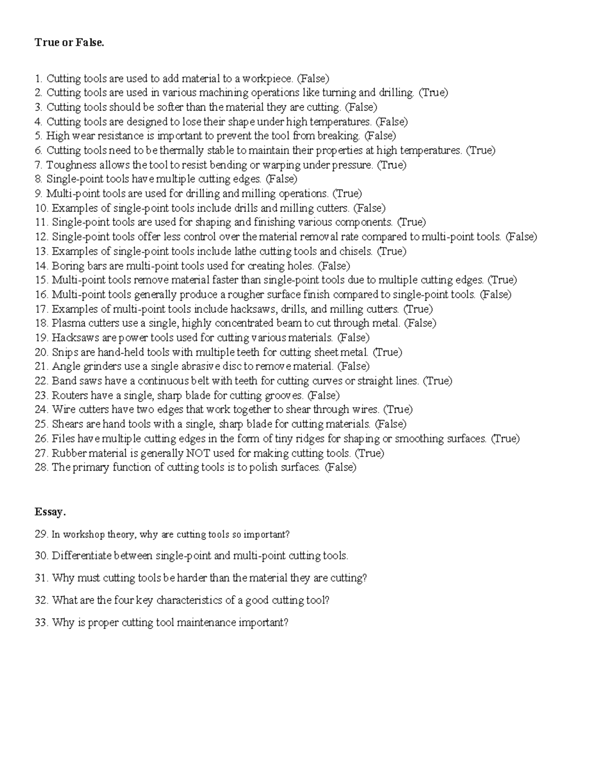 Cutting Tools: True/False & Essay Questions for Machining Fundamentals ...