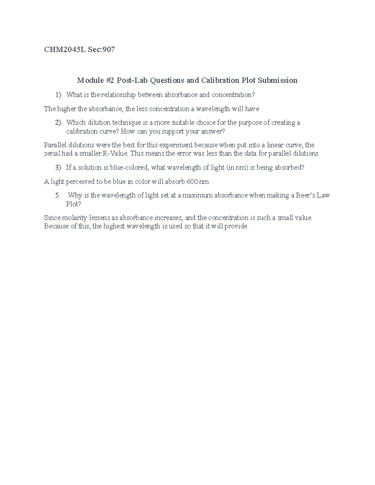 Module #2 Post Lab - CHM2045L Sec: Module #2 Post-Lab Questions and Calibration Plot Submission ...