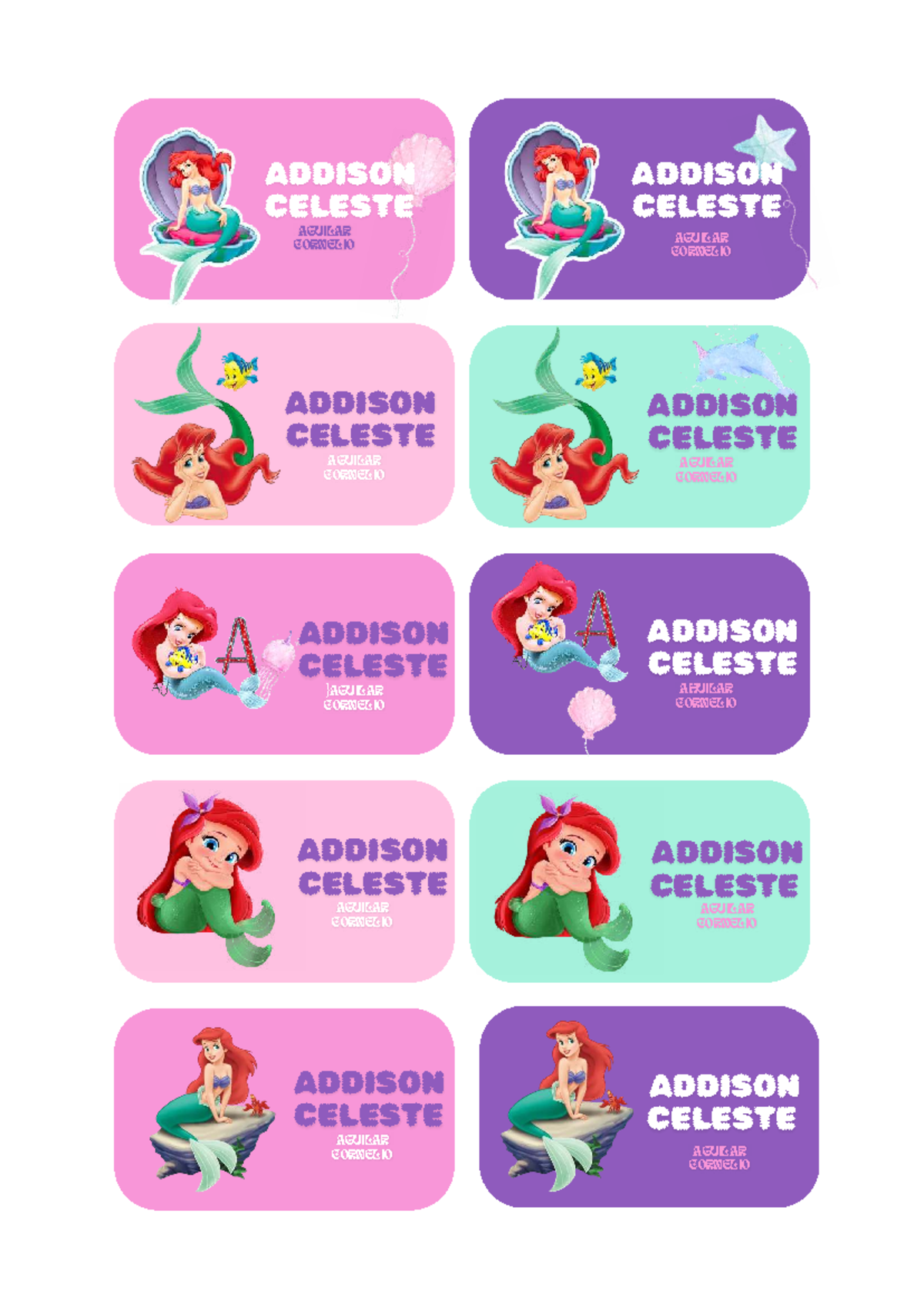 Documento a4 etiquetas escolares sirena ilustrado rosado - ADDISON ...