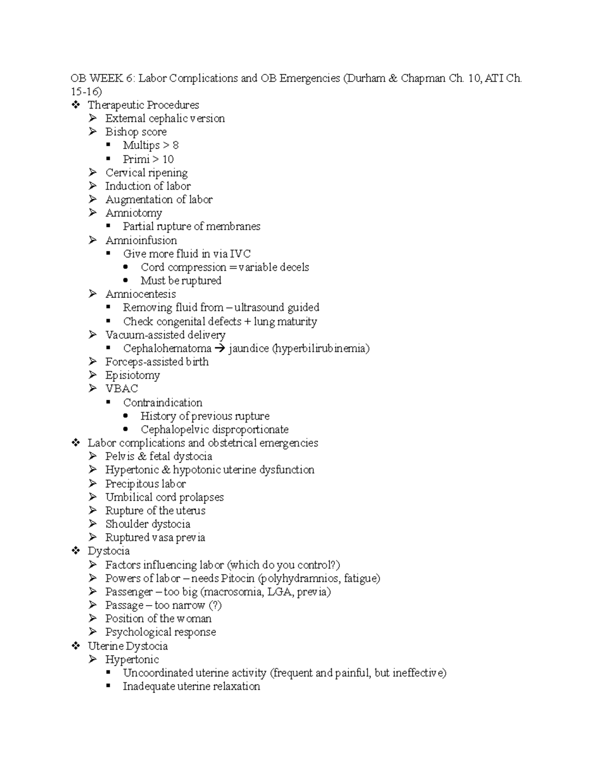 OB WEEK 6 - PEDs - OB WEEK 6: Labor Complications and OB Emergencies ...