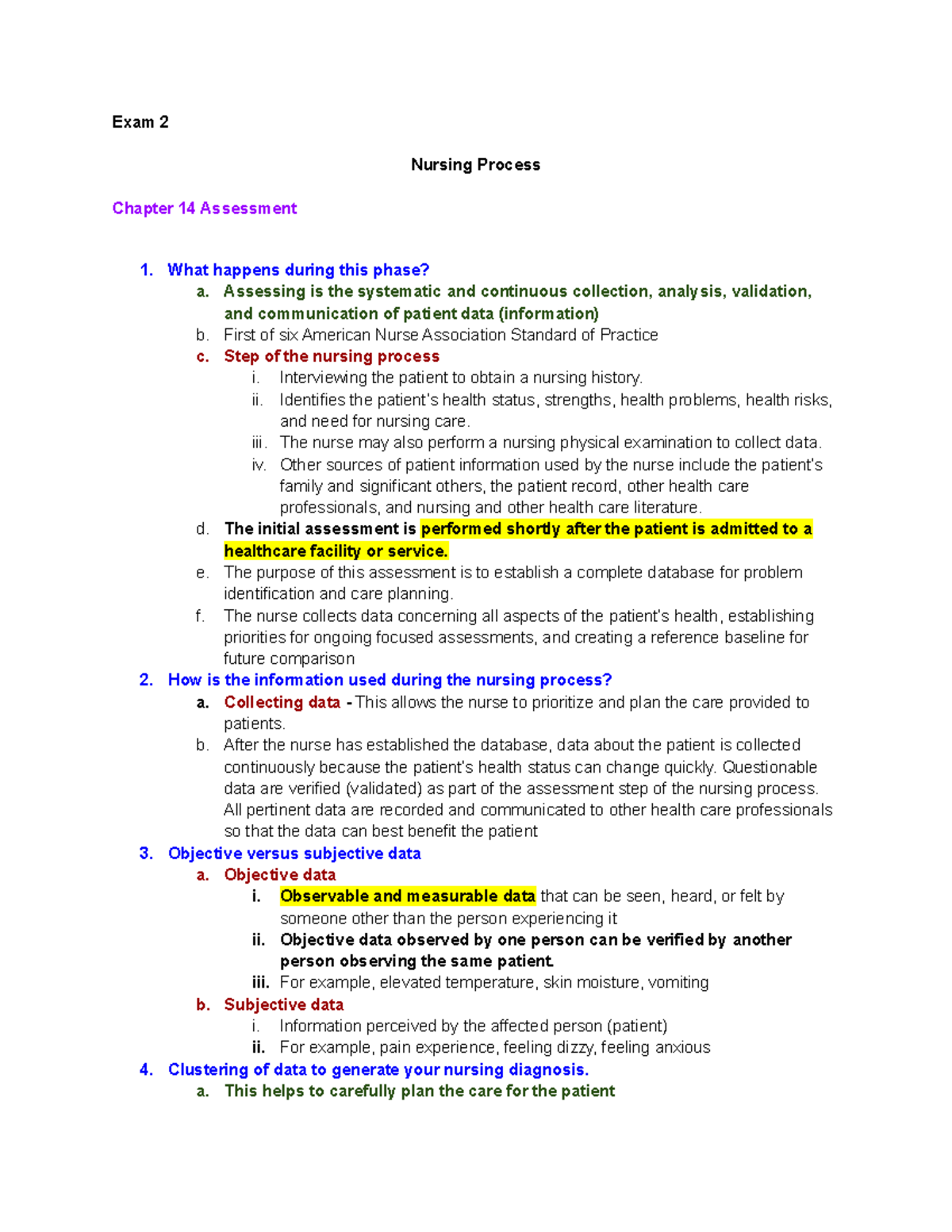 EX. 2 Study Guide Fundamentals - Exam 2 Nursing Process Chapter 14 ...