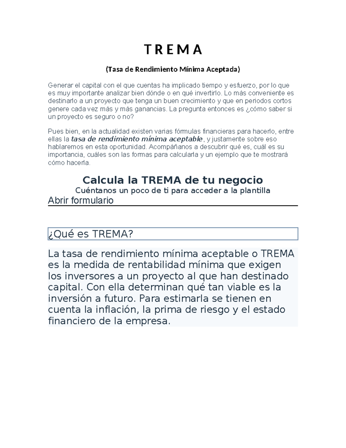 Cálculo de la TREMA en Excel: Guía Detallada para Inversores - Studocu