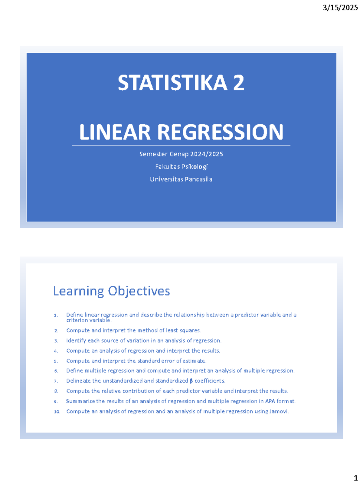 STATISTIKA 2: Linear Regression Analysis - Semester Genap Notes - Studocu