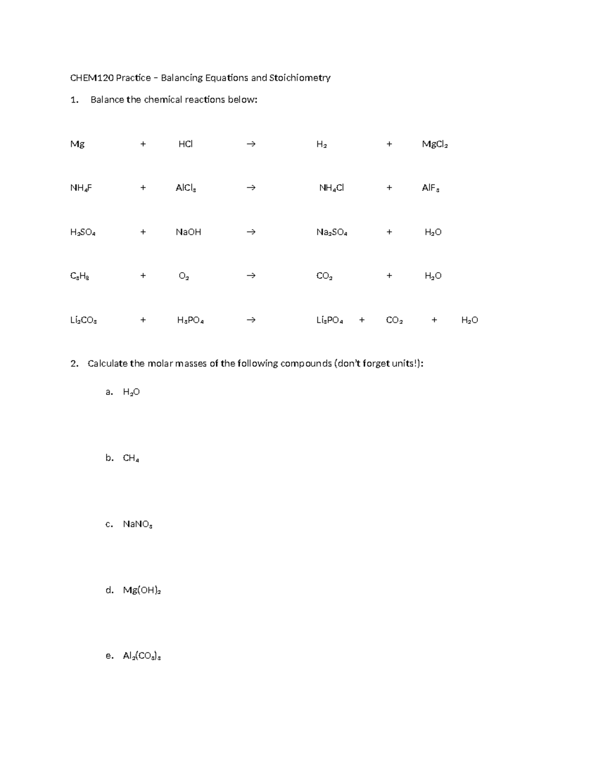 CHEM120 Practice - Week 3: Balancing Equations & Stoichiometry - Studocu