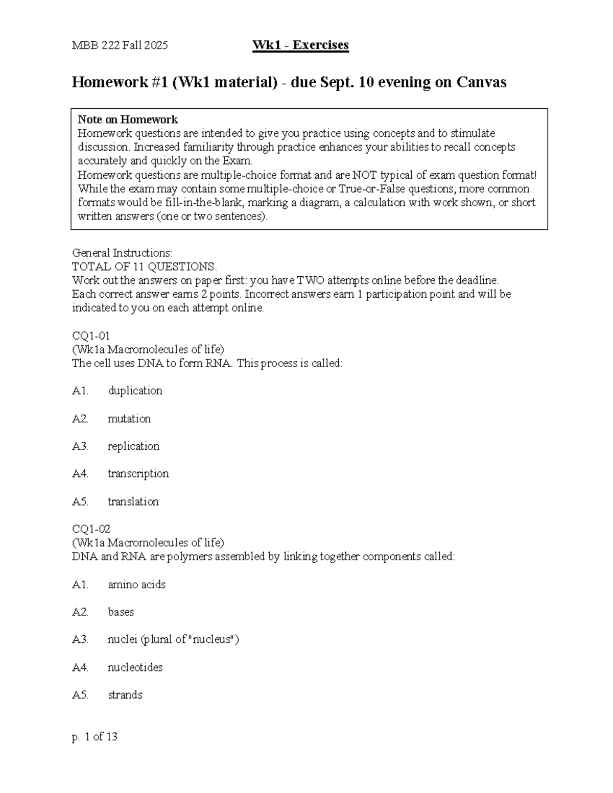 MBB 222 Wk1 Homework Exercises - Fall 2025 - Studocu
