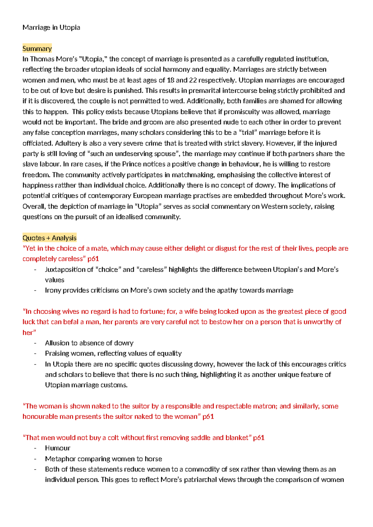 Marriage in Utopia: Insights and Analysis of More's Views - Studocu