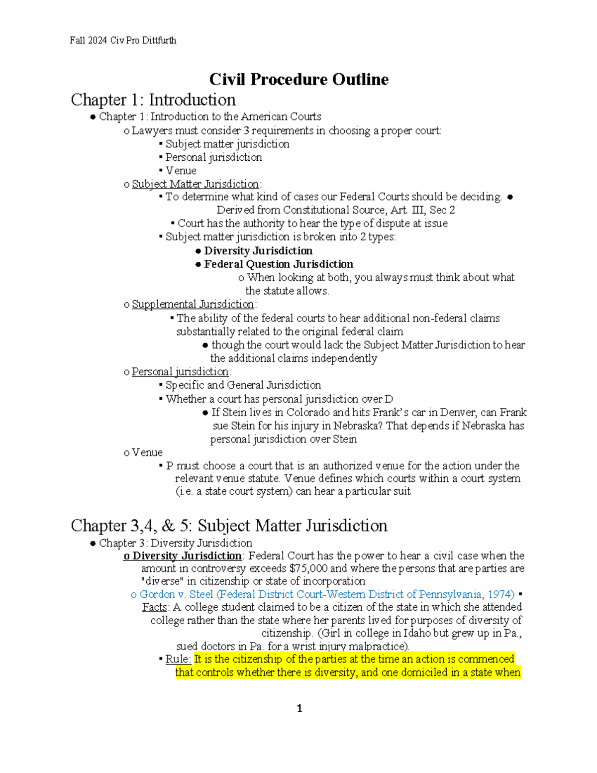 Civ Pro Fall 2023 Outline: Chapters 1, 3-5, 6-10 - Dittfurth - Studocu