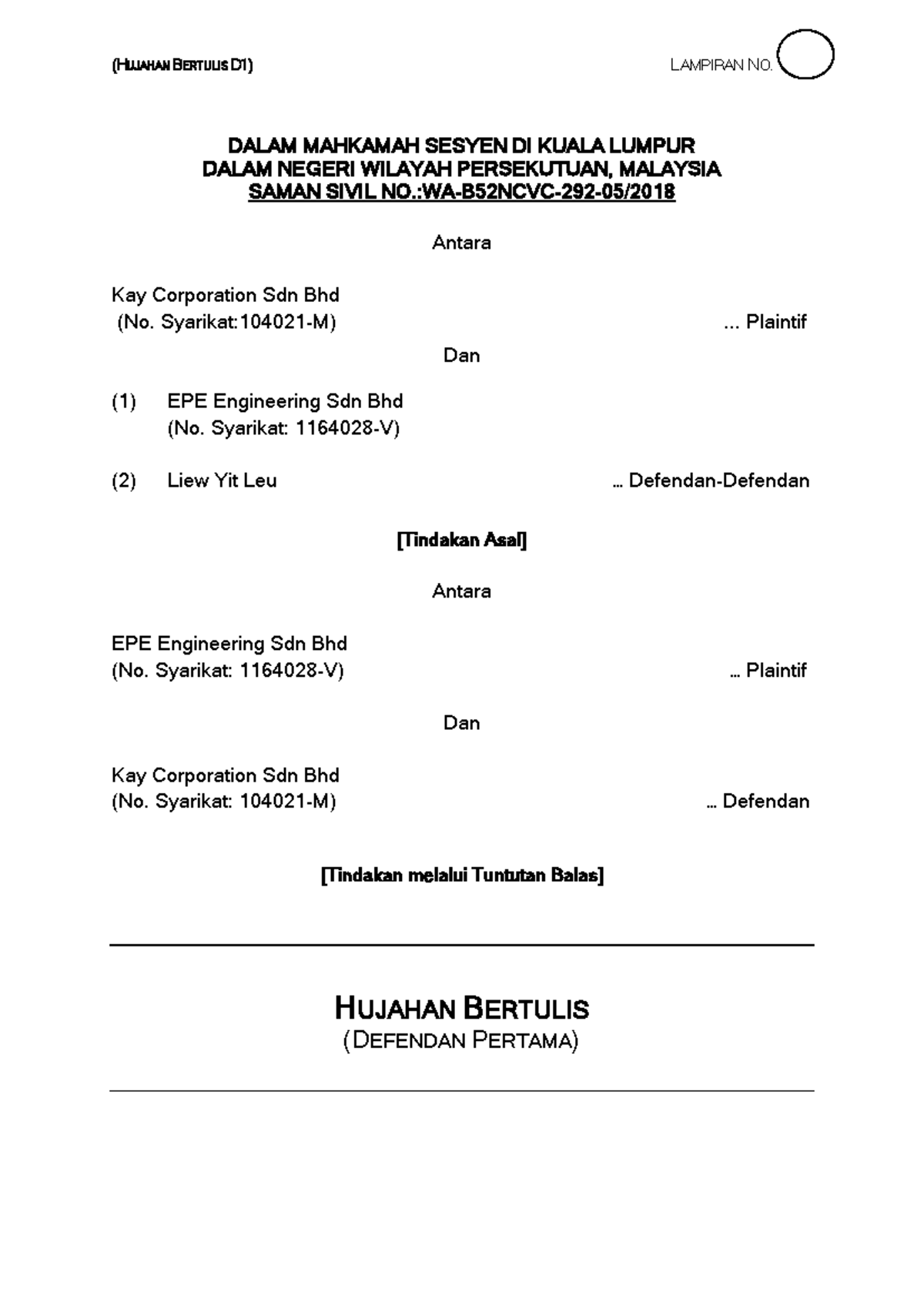 Hujahan Bertulis D1: Kes Kay Corp Sdn Bhd vs EPE Engineering Sdn Bhd ...