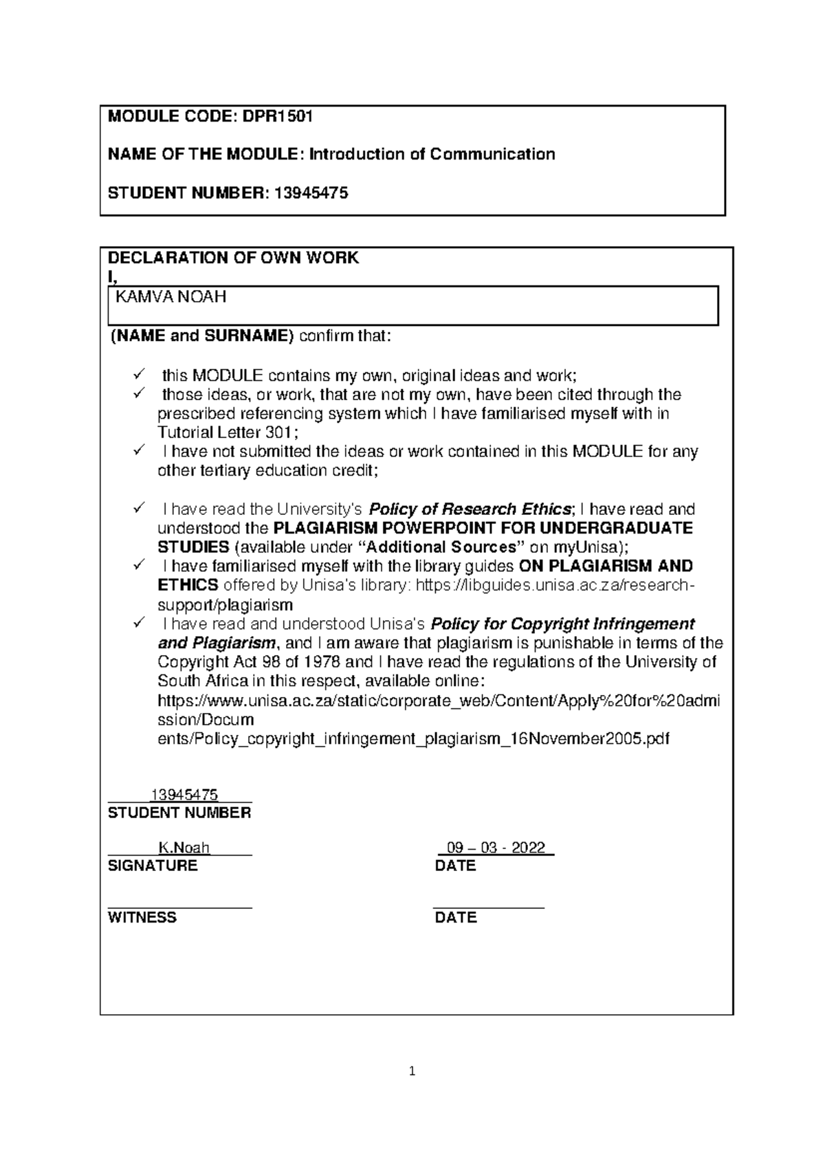 DPR1501 Assignment NO 1 - Public Relation- Introduction of Communication - MODULE CODE: DPR NAME ...