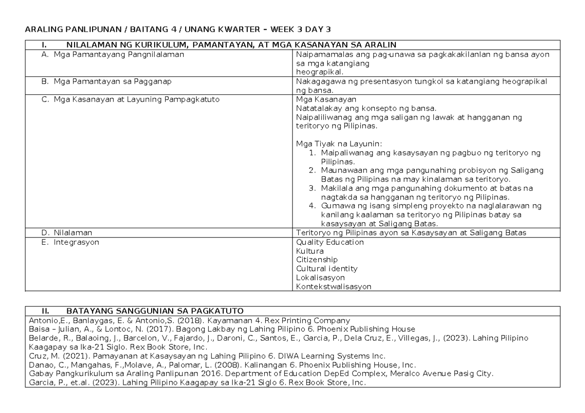 Q1 AP W3 Day 3 - Lesson Plan - ARALING PANLIPUNAN / BAITANG 4 / UNANG ...