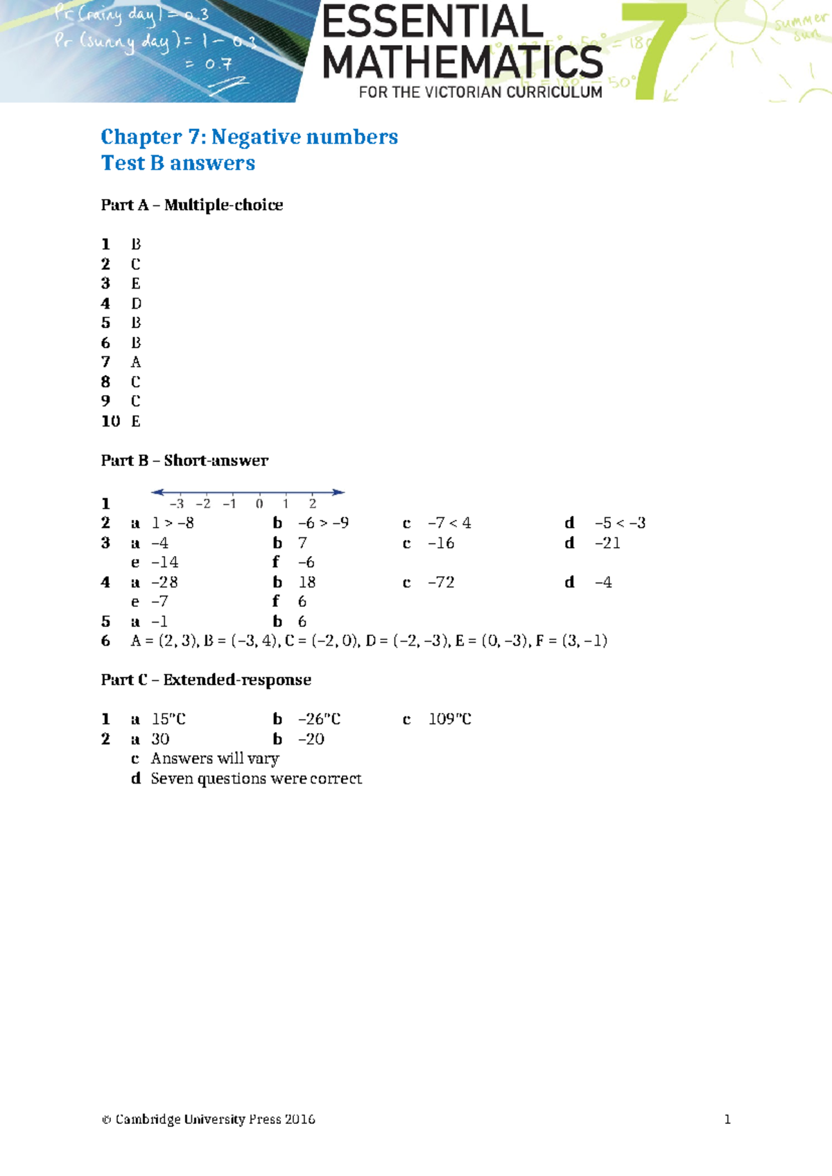 Integers Test part BAnswers - Chapter 7: Negative numbers Test B ...