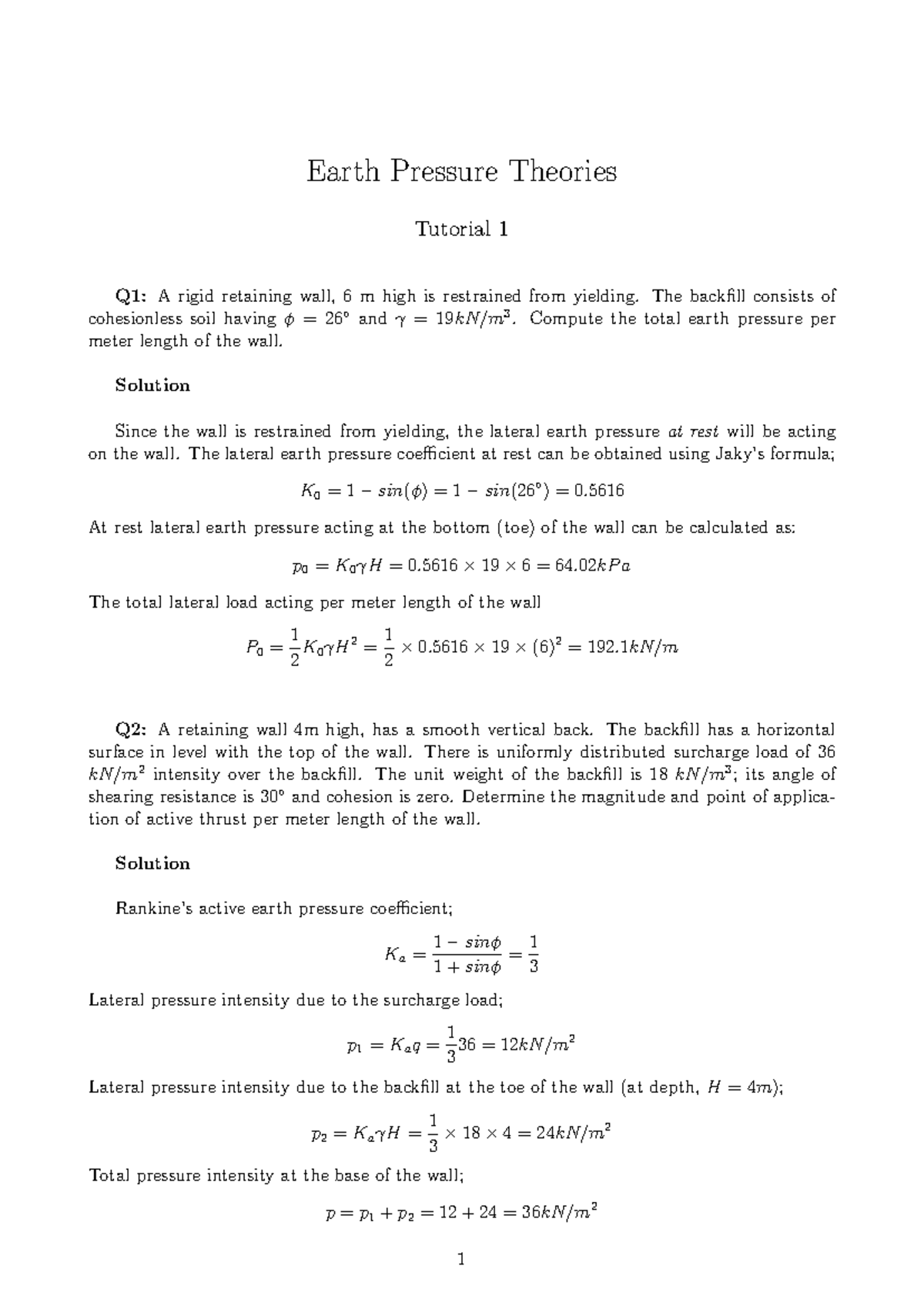 EPT1 - 2021 - Earth Pressure Theories Tutorial 1 Q1: A rigid retaining ...