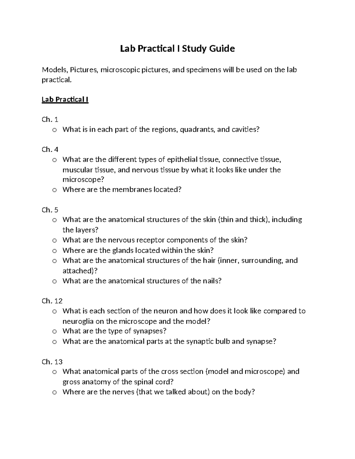 Lab Practical I Study Guide: Anatomy & Histology Overview - Studocu