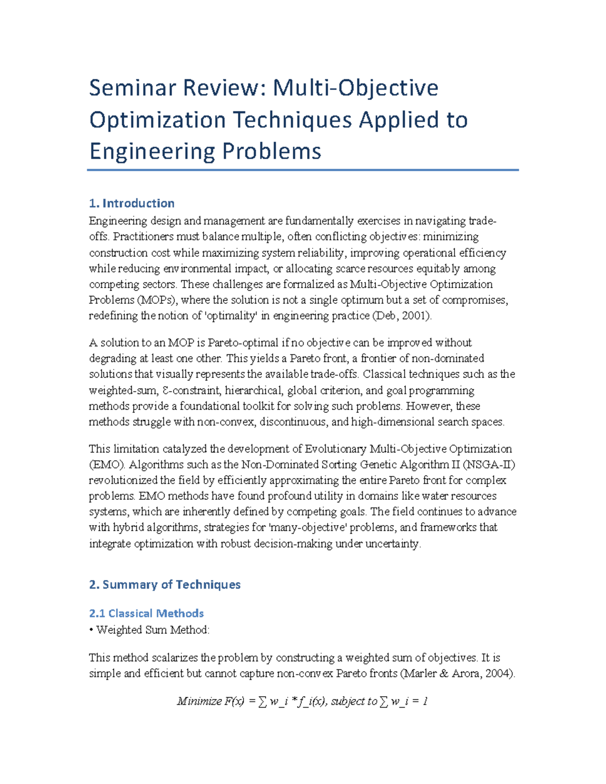 Multi-Objective Optimization Techniques in Engineering Problems - Studocu