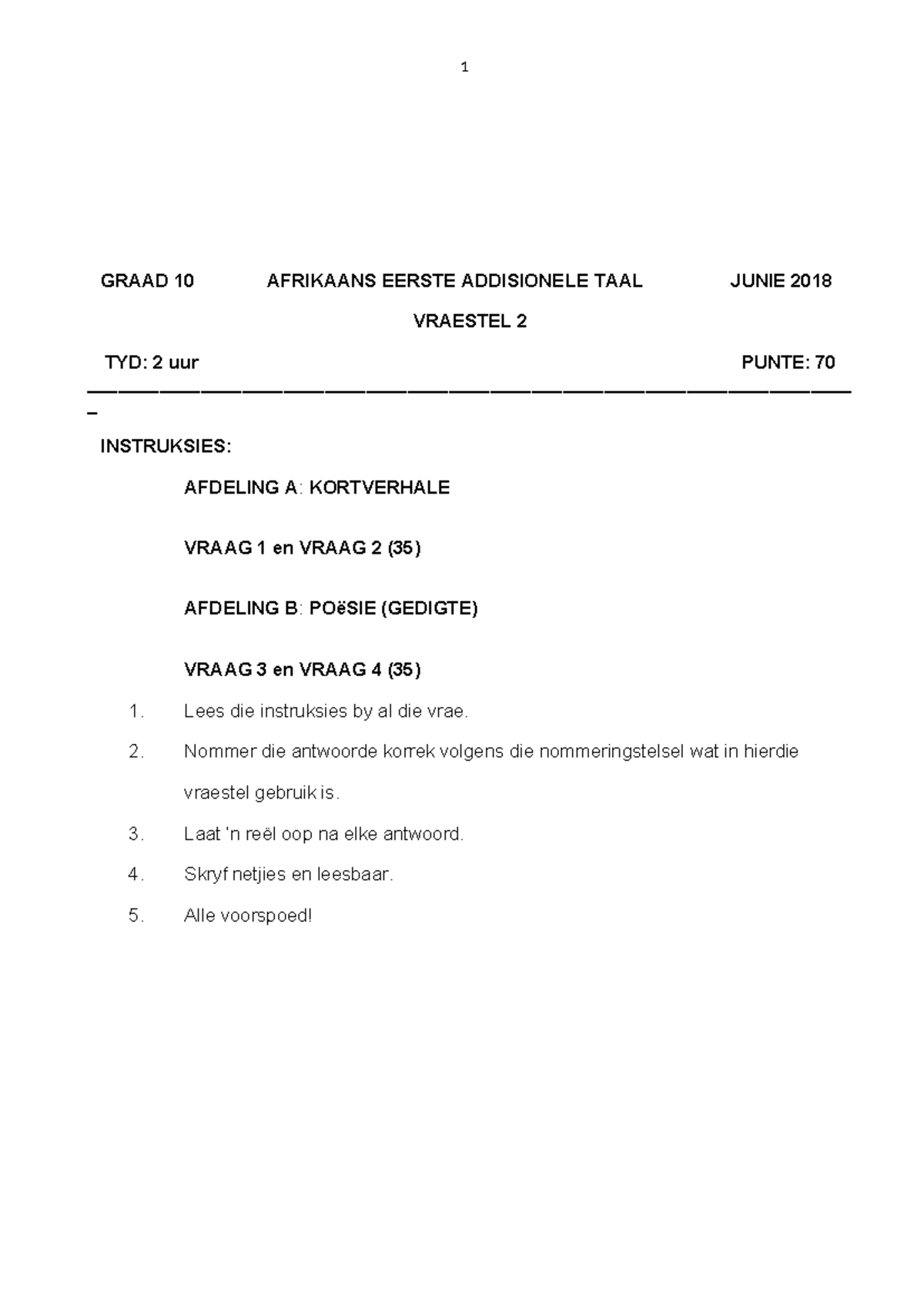 Graad 10 Afrikaans Eerste Addisionele Taal V2 Junie 2018 Vraestel 2 - Studocu