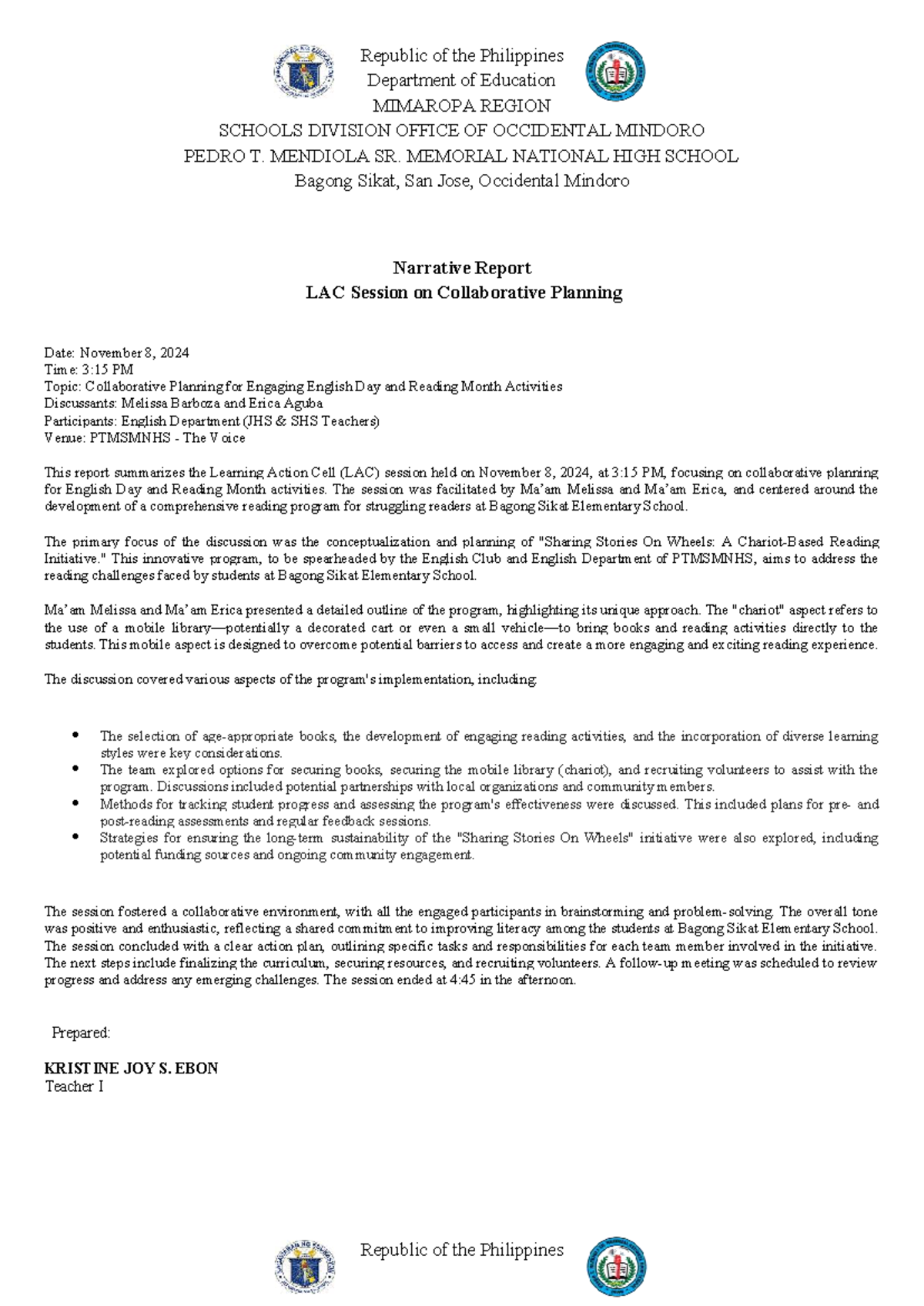 LAC Session Narrative Report: Collaborative Planning for English Day ...