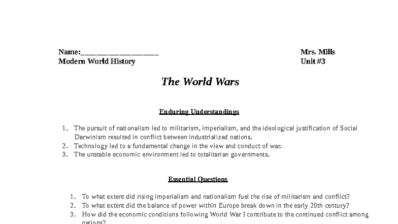 Modern World History Unit 3: Overview & Analysis of The World Wars ...