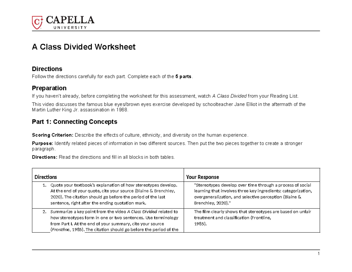 A Class Divided Worksheet: Understanding Stereotypes and Diversity ...
