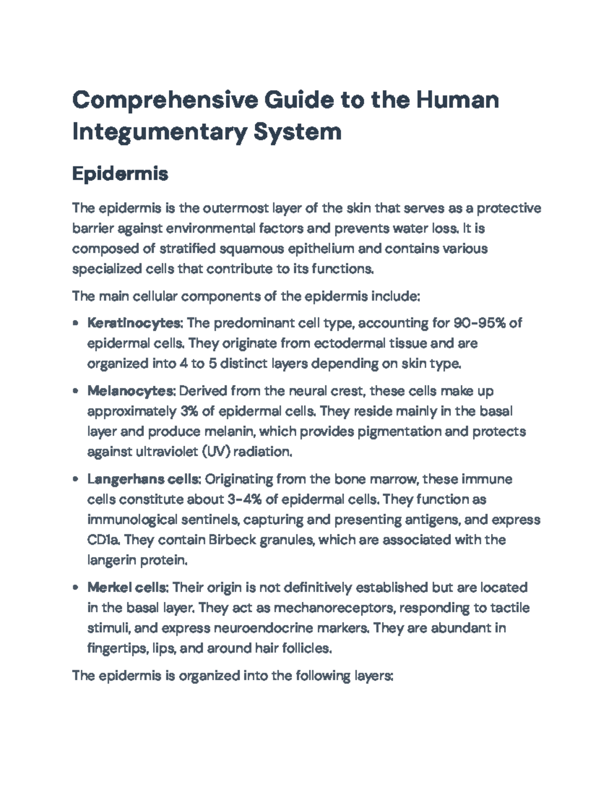 Comprehensive Overview of the Human Integumentary System (BIO101) - Studocu