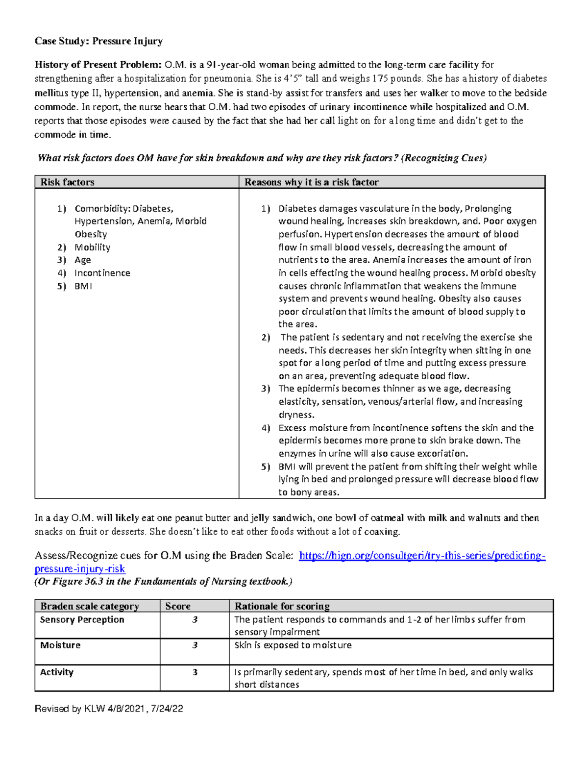 Pressure Injury - Revised by KLW 4/8/2021, 7/24/ Case Study: Pressure Injury History of Present ...
